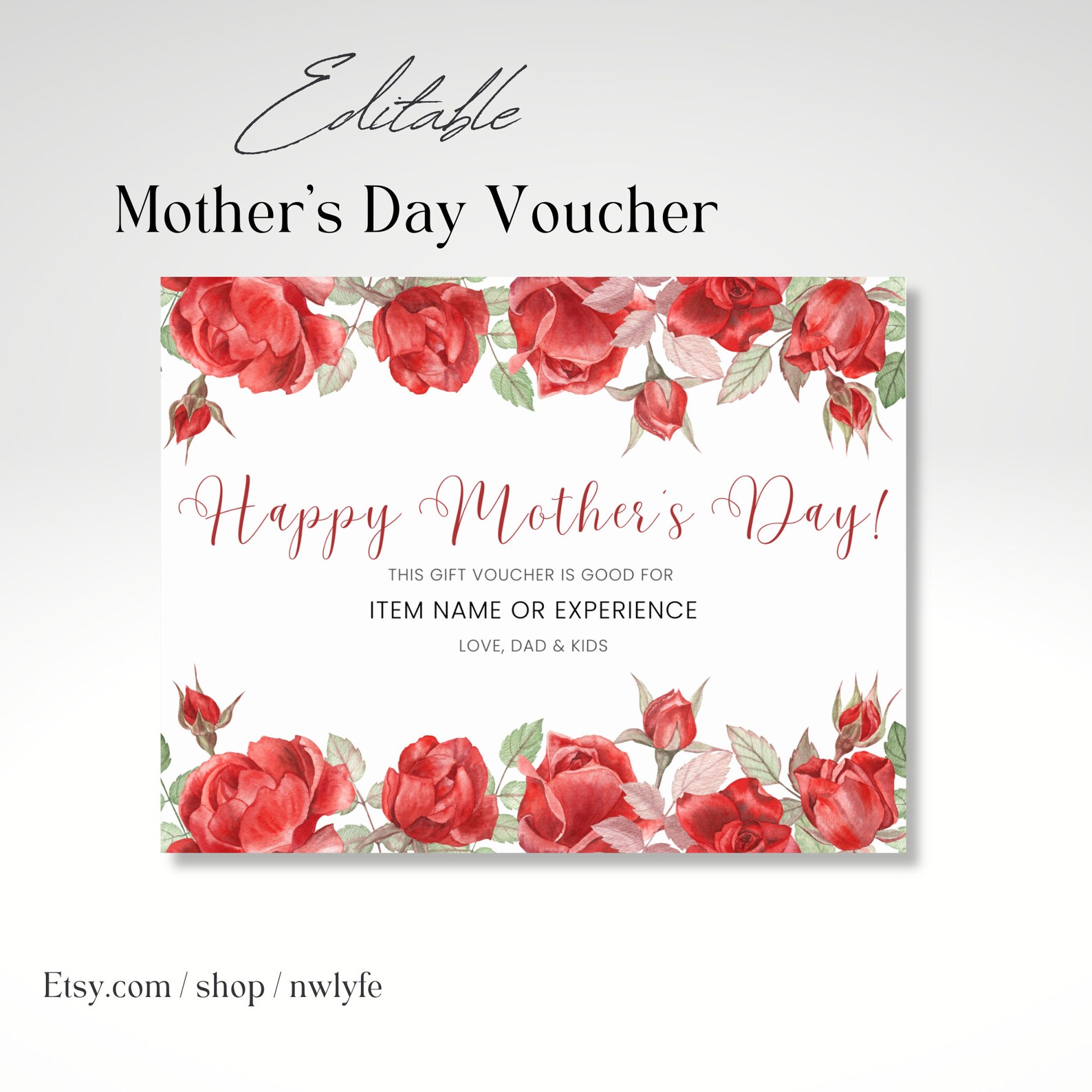 Mother's Day Gift Certificate Template, Event Experience Coupon, Red ...