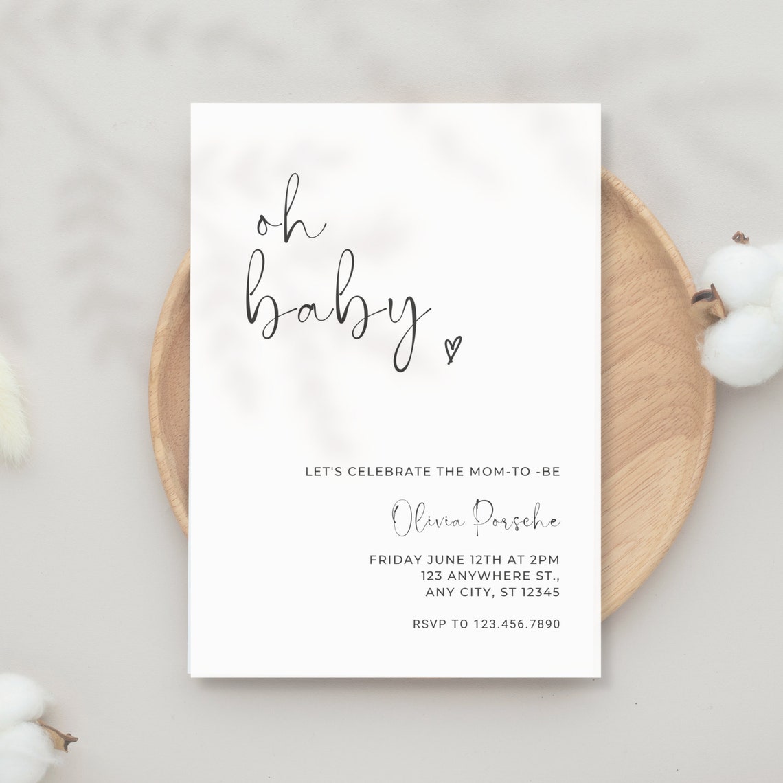 Baby Shower Template, Oh Baby Invitation, Minimalist Editable Card - Etsy