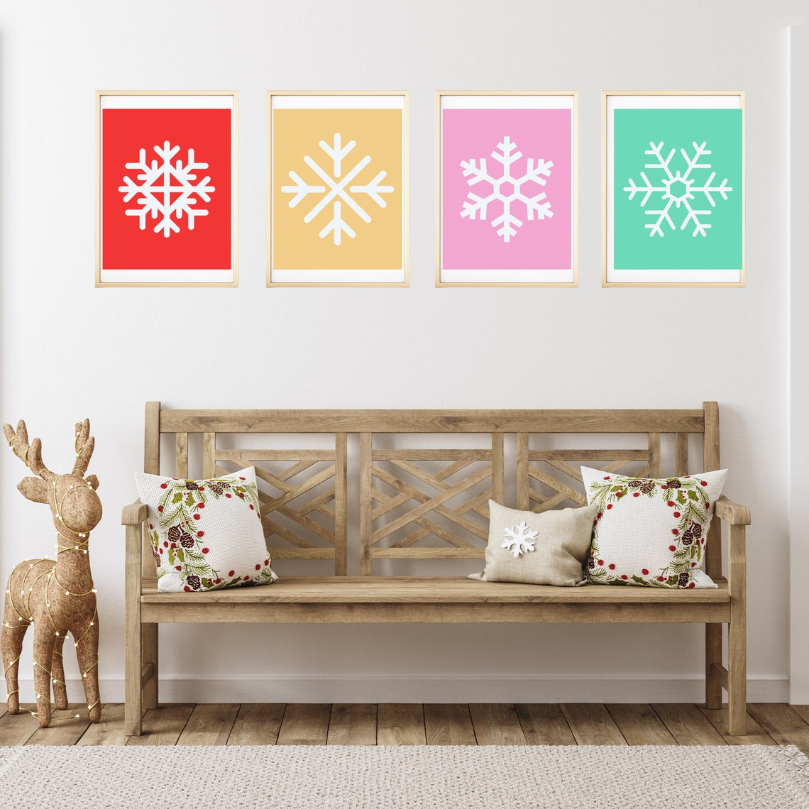 Christmas Printable Art, Snowflake Art Set of 4, Bright Colors Holiday ...