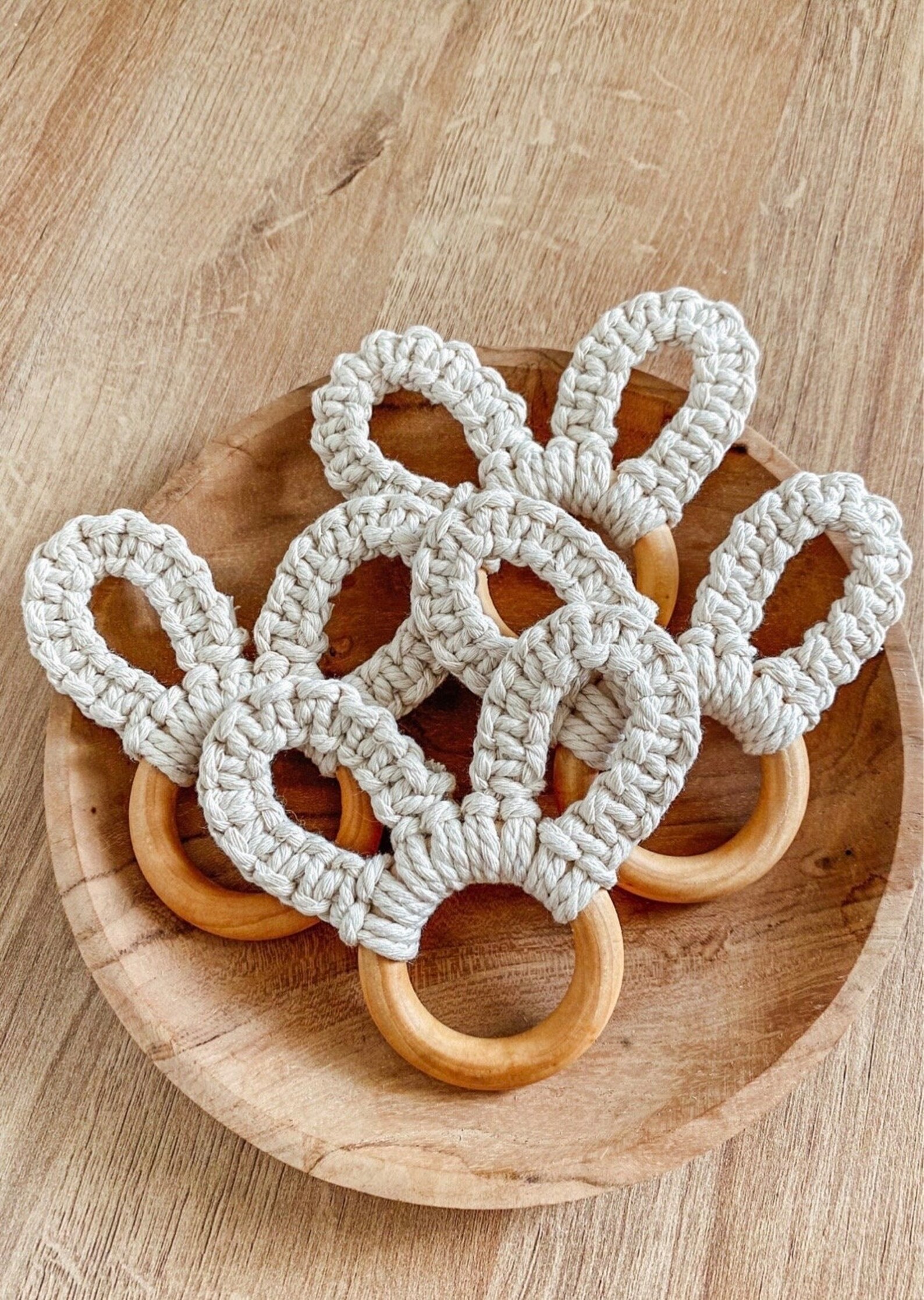 Macrame Bunny Ears Baby Teether: Natural Wood Toy - Etsy