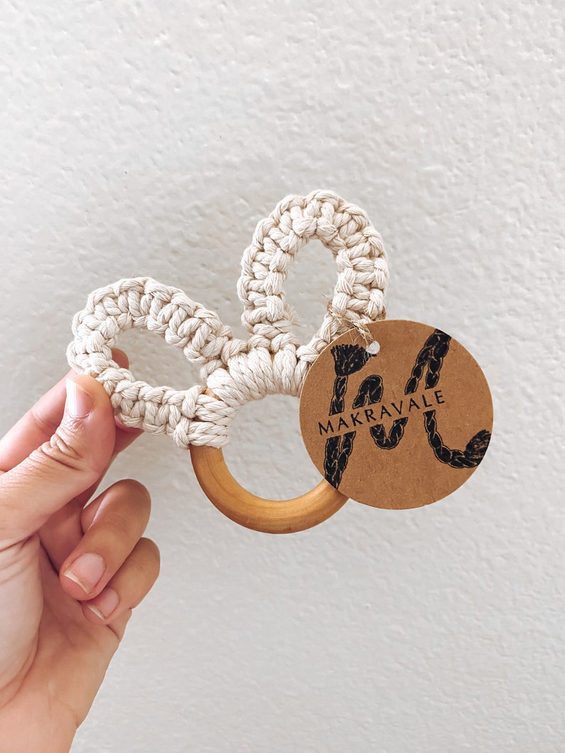 Macrame Bunny Ears Baby Teether: Natural Wood Toy - Etsy