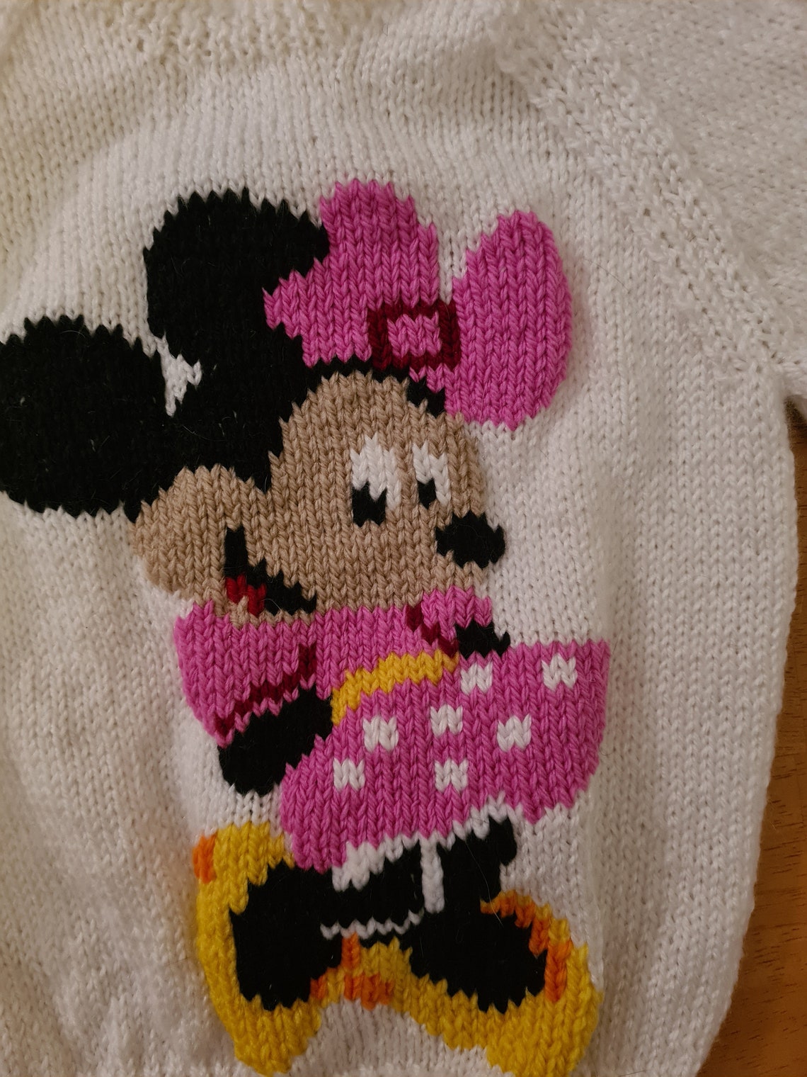 NEW = Hand Knitted Childs Jumper, Featuring Minnie Mouse. Main Colour ...