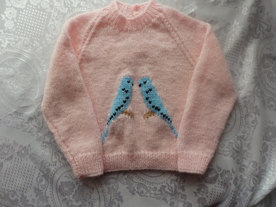 NEW - Hand Knitted Jumper Featuring 2 Budgies Available in Sizes 1 to 6 ...