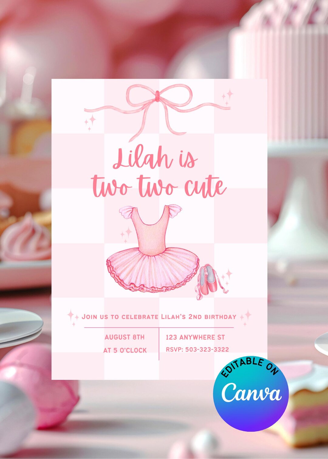 Two Two Cute Invitation- Ballerina Party Theme Digital Invitation ...