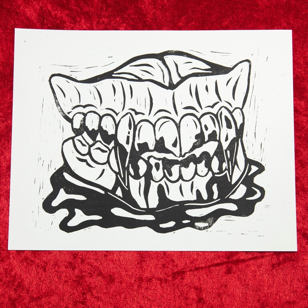 Vampire Teeth Linocut Print - Etsy