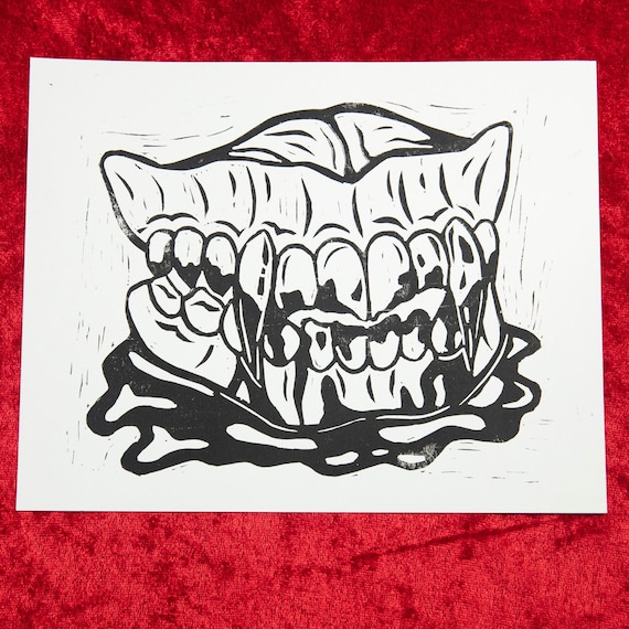 Vampire Teeth Linocut Print - Etsy