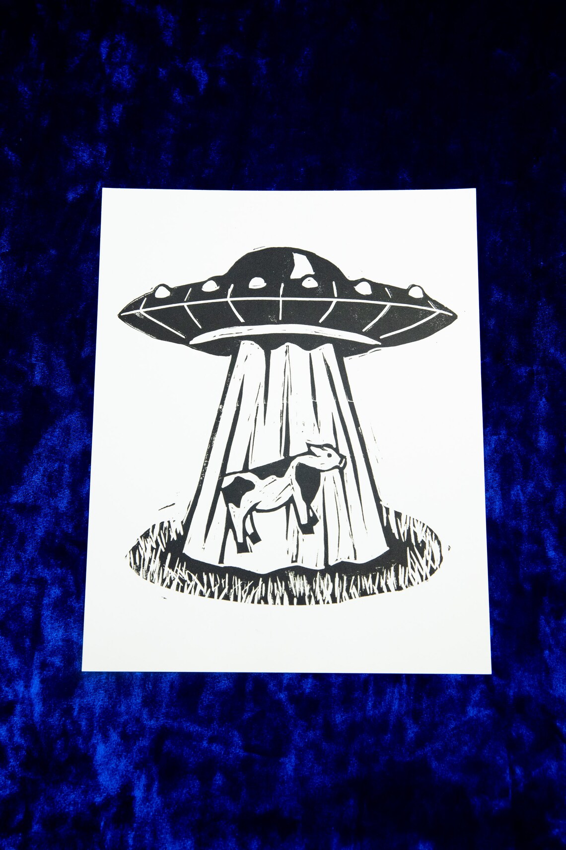 UFO Beaming up A Cow Linocut Print - Etsy