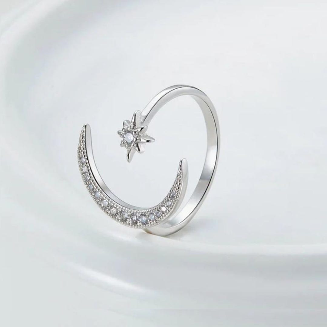 Dainty Moon and Star Open Ring | 925 Sterling Silver & 18k Gold Filled ...