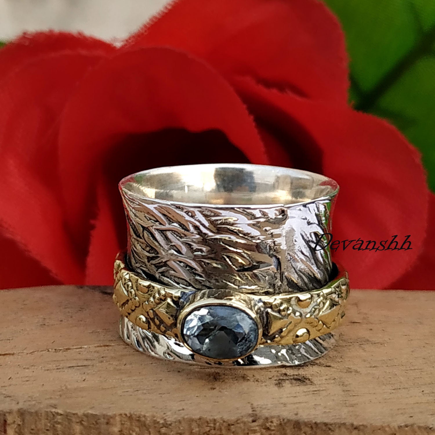 Blue Topaz Spinner Ring Textured Spinner Ring Meditation | Etsy