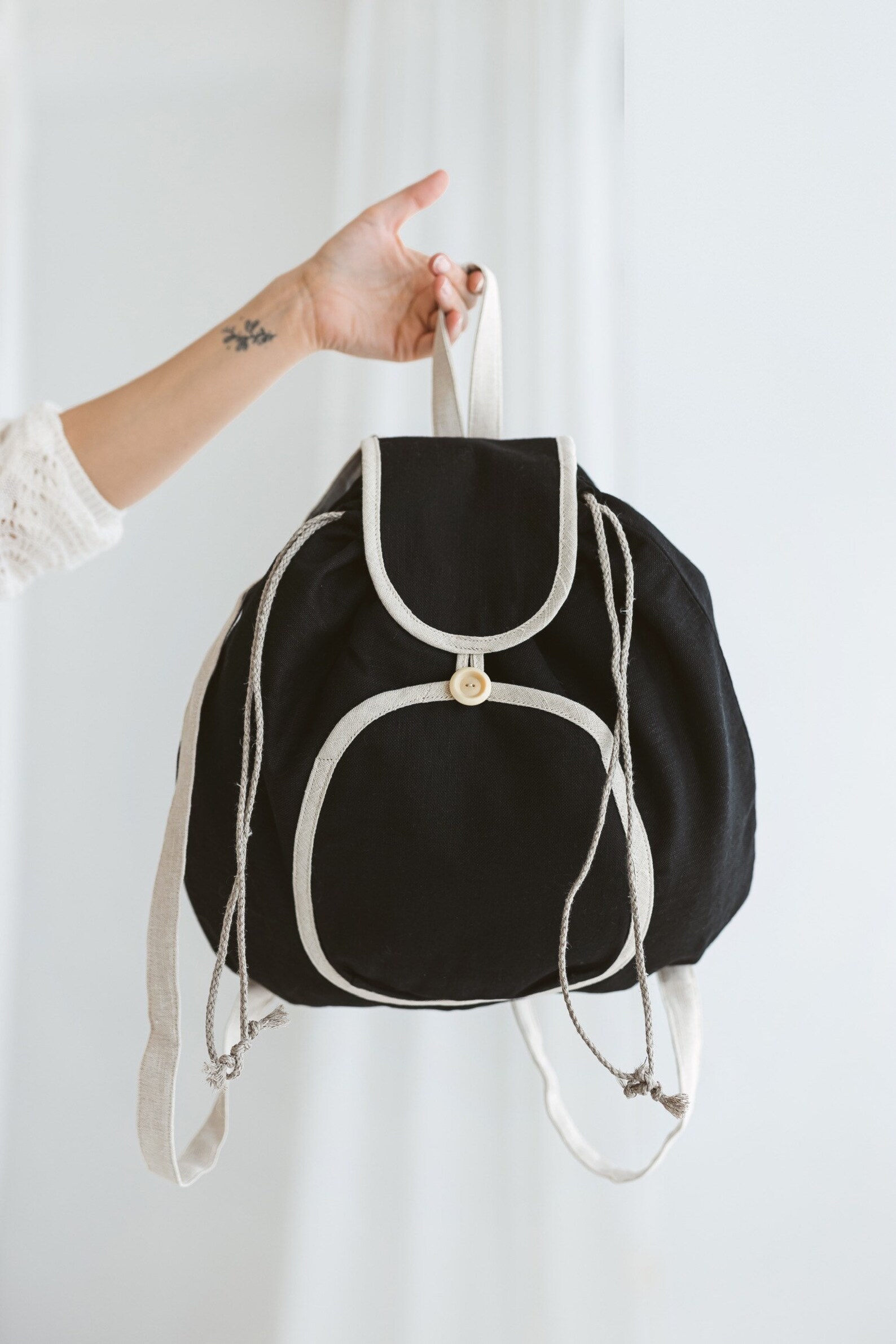 Black Linen Backpack • Drawstring Boho Bag With Grey Straps • Summer ...