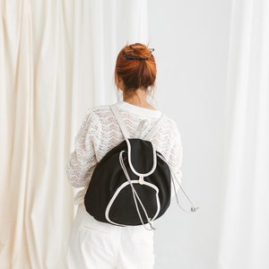 Black Linen Backpack • Drawstring Boho Bag With Grey Straps • Summer ...