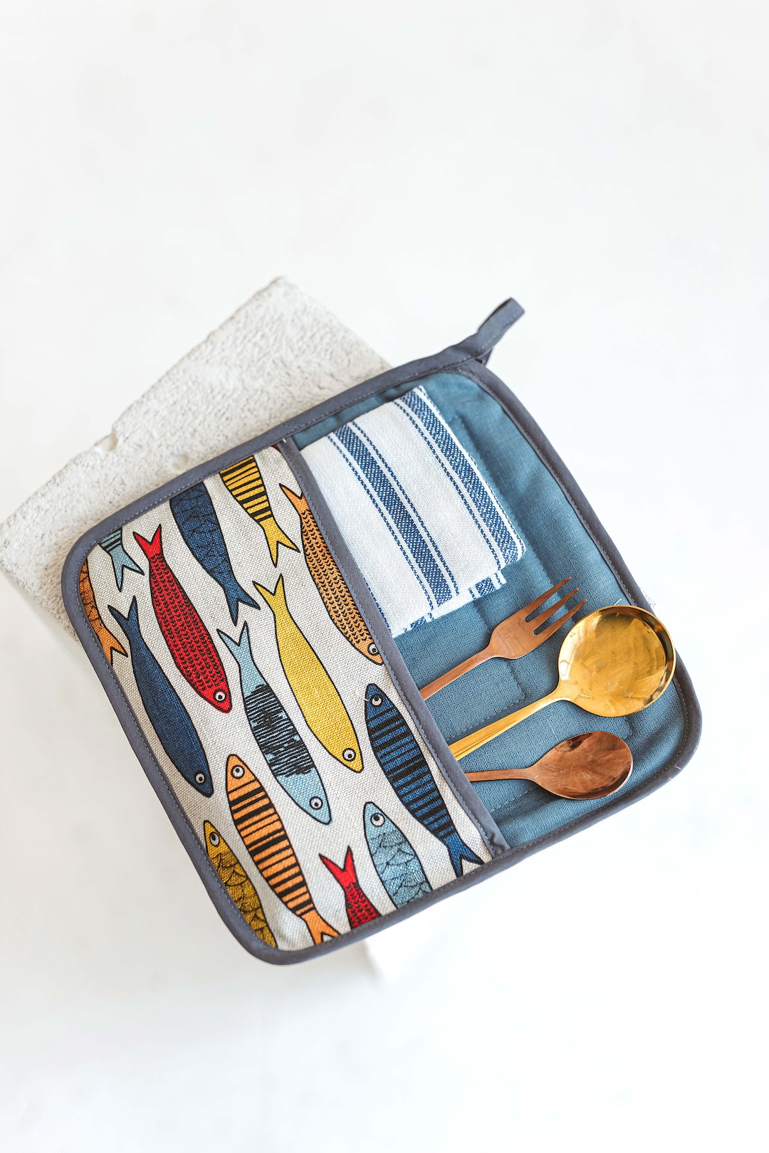 Linen Kitchen Set: Sardine Print Coaster With Pocket, Tea Towels - Etsy