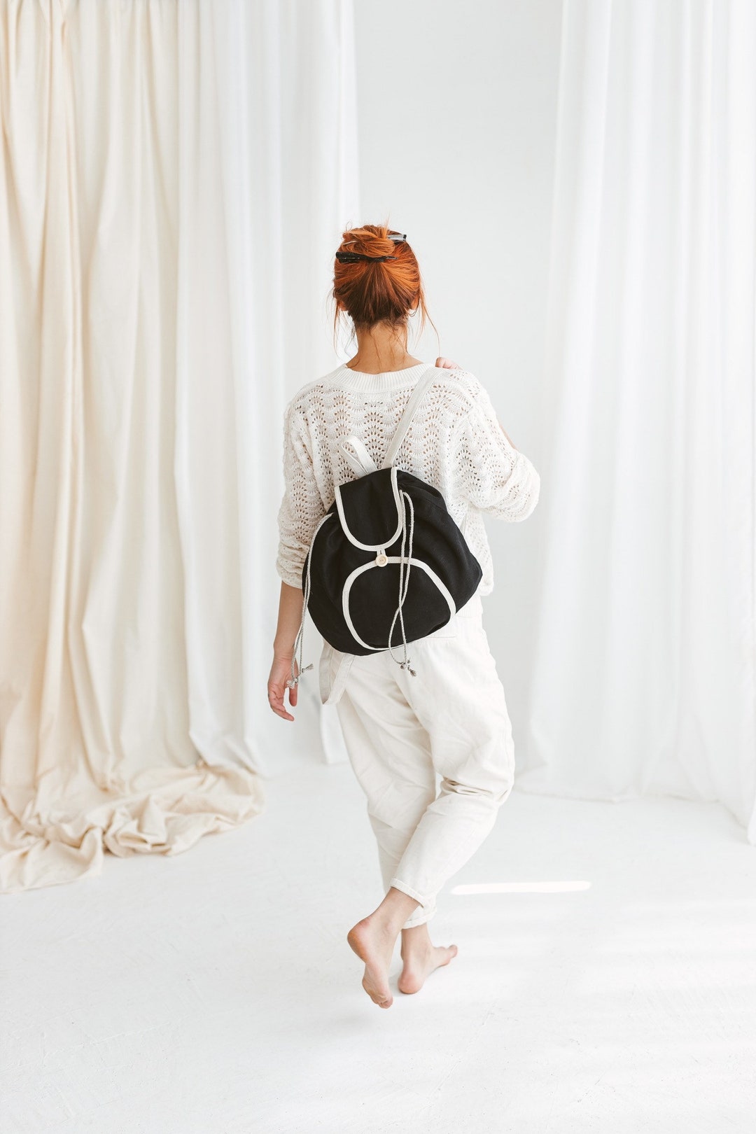 Black Linen Backpack • Drawstring Boho Bag With Grey Straps • Summer ...
