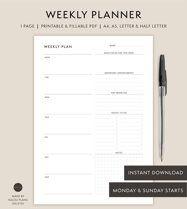 Weekly Planner Printable Weekly to Do Fillable Weekly - Etsy