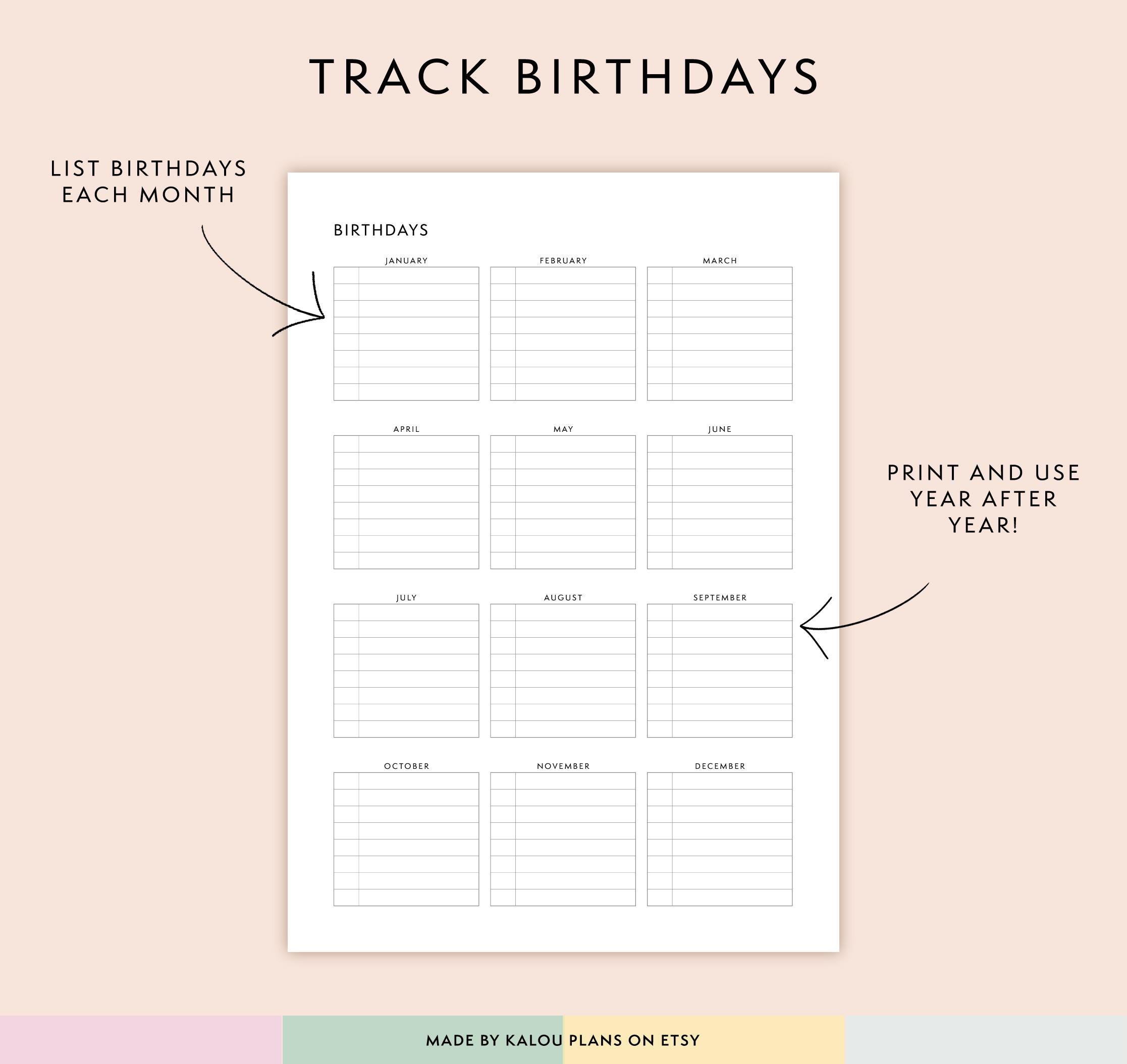 Birthday Tracker | Birthday Planner | Birthday Printable | Birthday PDF ...