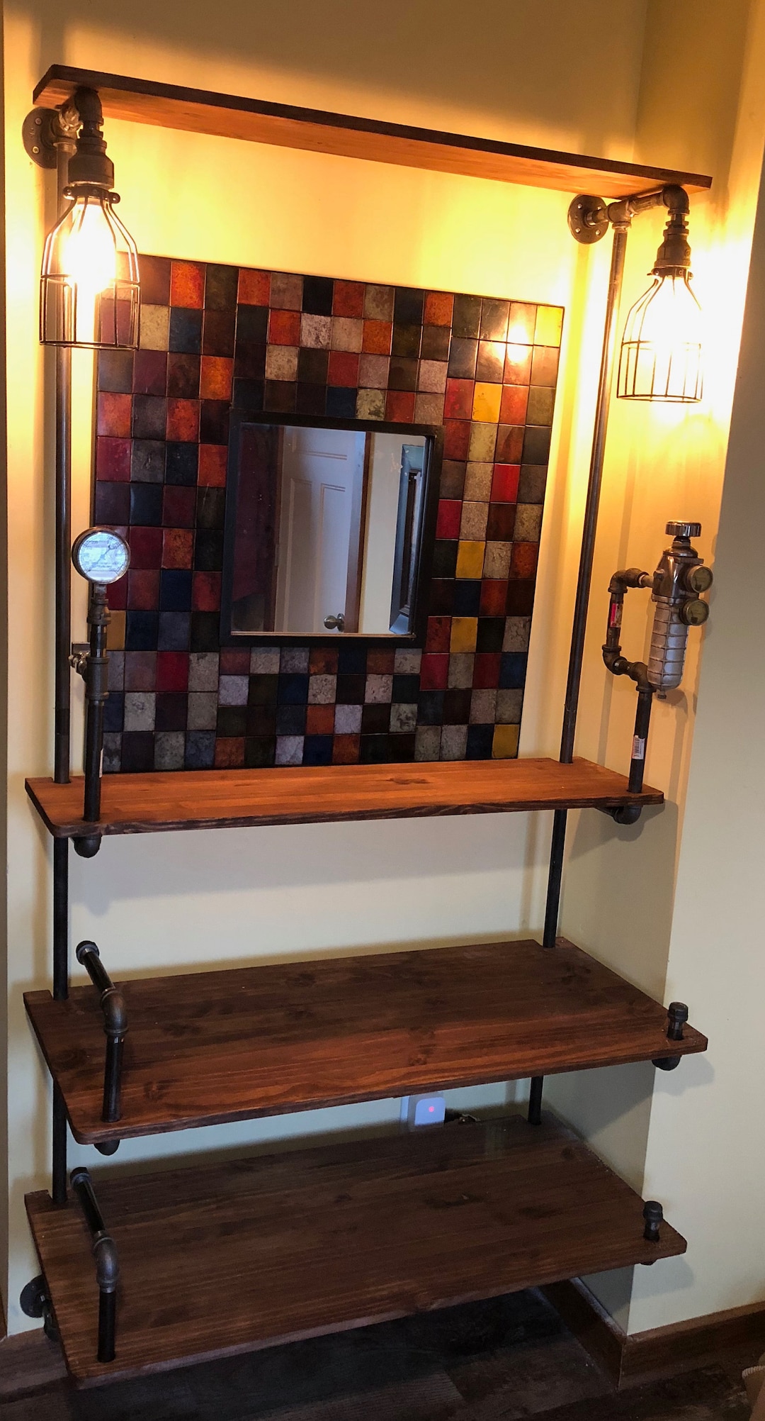 Steampunk Pipe Shelving With Vintage Lighting & Pressure Gauges ...