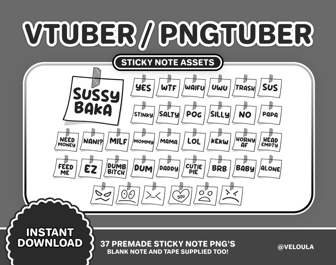 37 Vtuber / Pngtuber Sticky Note Assets Black Grey | Streamer Setup ...