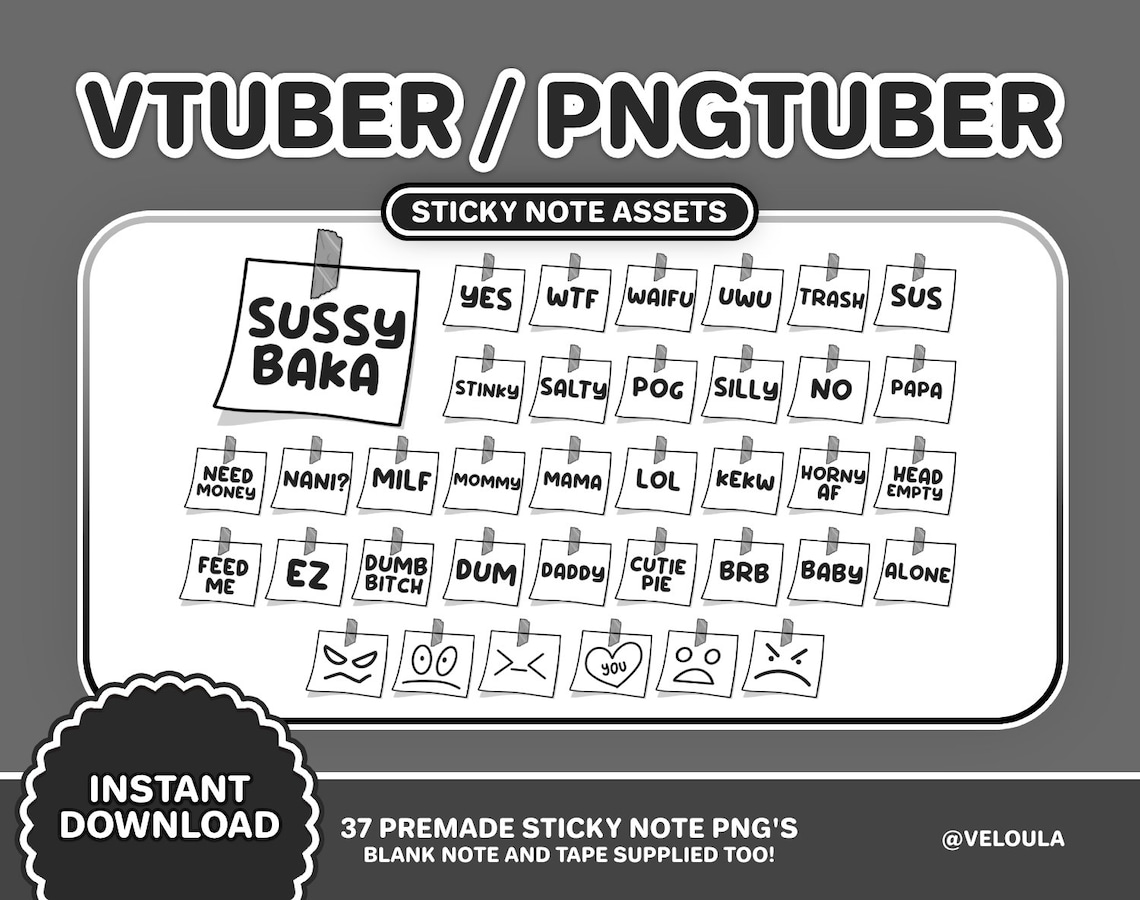 37 Vtuber / Pngtuber Sticky Note Assets Black Grey | Streamer Setup ...