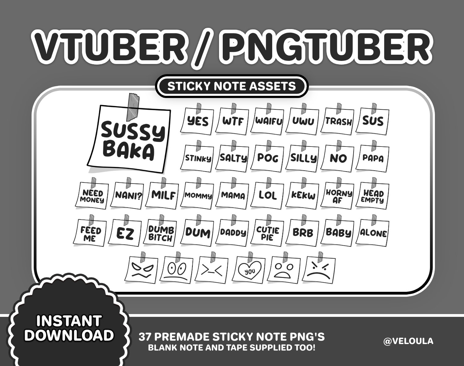 37 Vtuber / Pngtuber Sticky Note Assets Black Grey | Streamer Setup ...