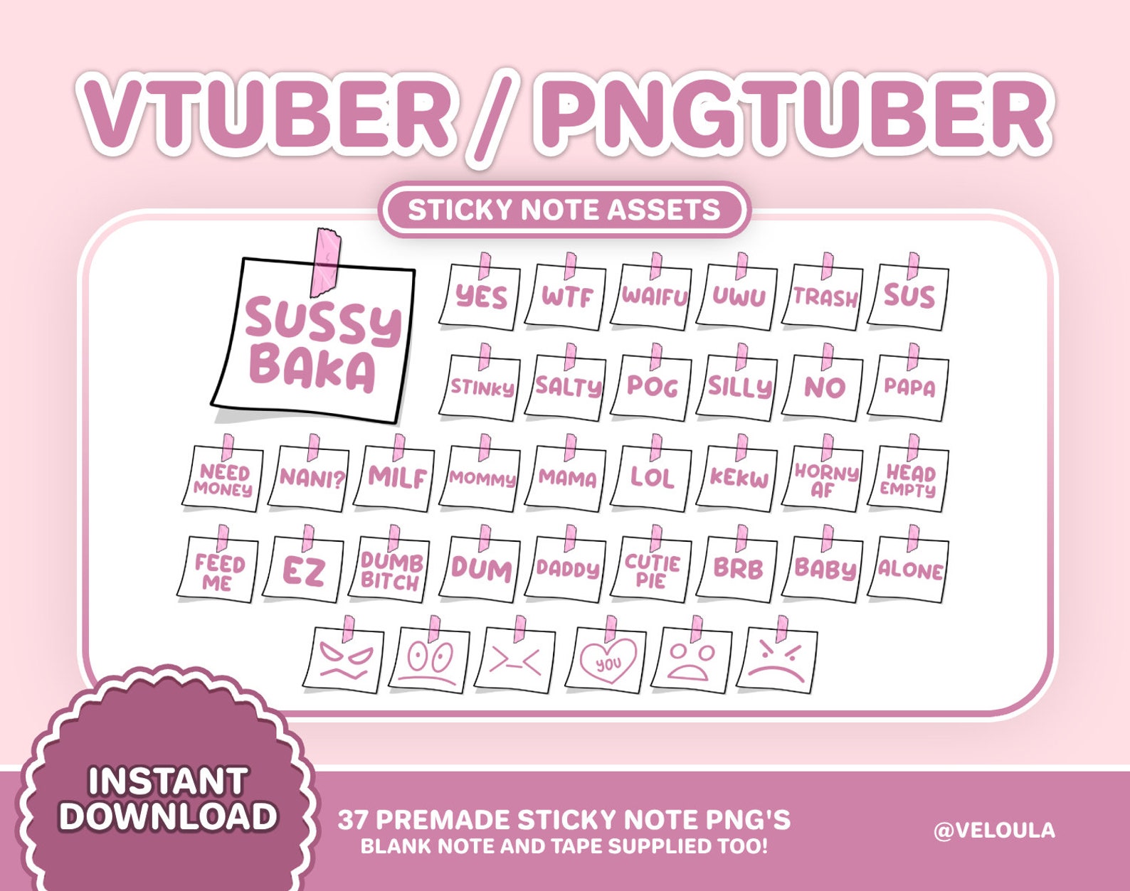 37 Vtuber / Pngtuber Sticky Note Assets Pink White | Streamer Setup ...