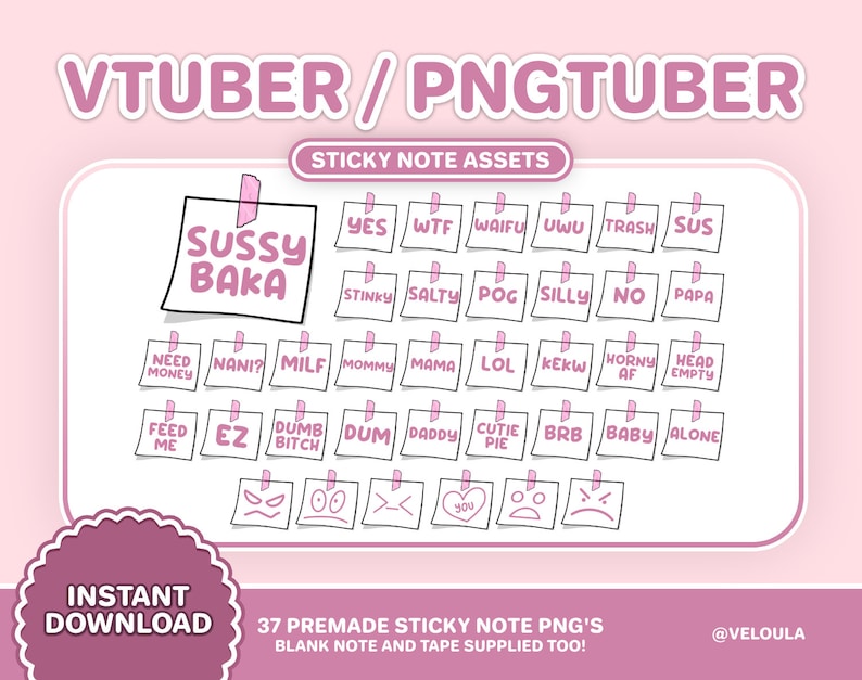 37 Vtuber / Pngtuber Sticky Note Assets Pink White | Streamer Setup ...