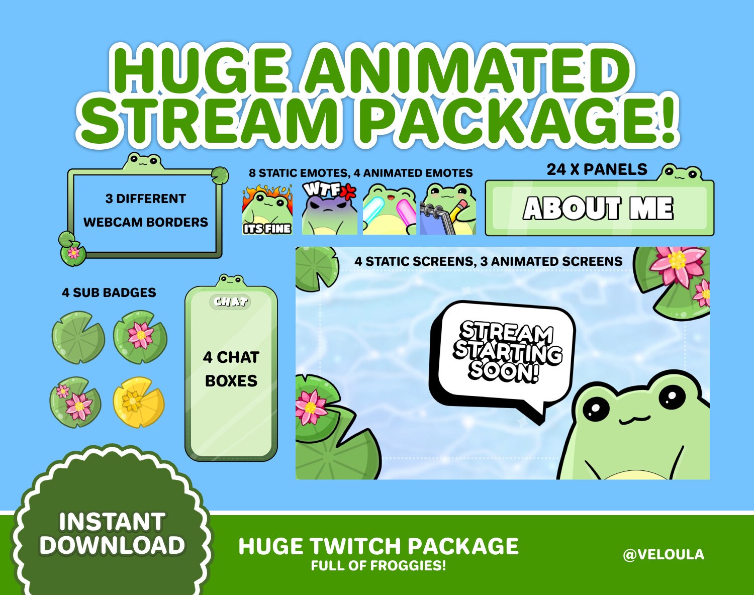 Animated Frog Overlays Full Package for Twitch Panels, Scenes, Emotes ...