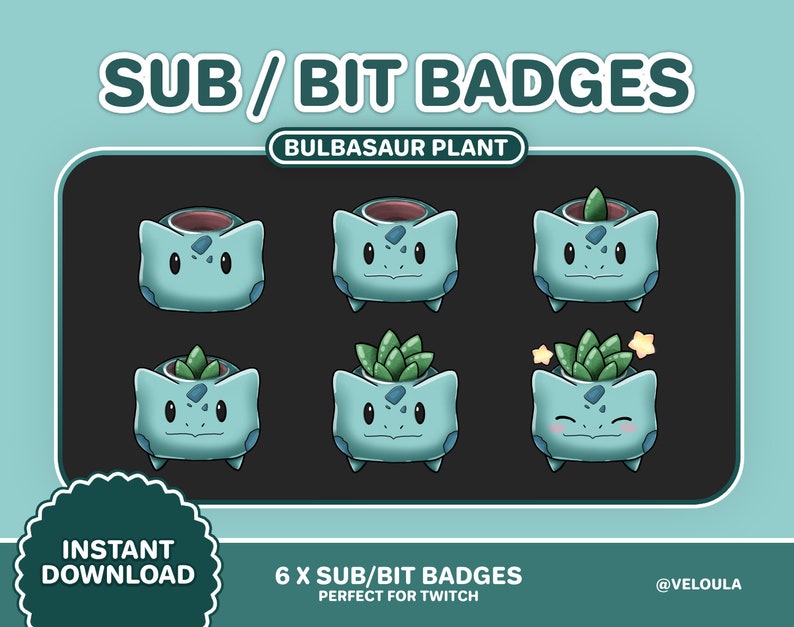 6x Bulbasaur Twitch Sub Badges / Succulent Planter Bit Badges / Plant ...
