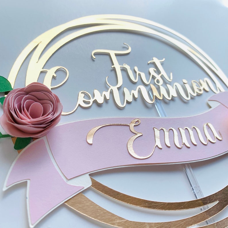 Personalized First Communion Cake Topper: Floral Paper Roses - Etsy