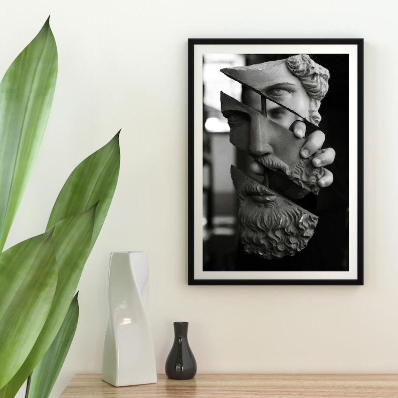 Fragmented Greek Statue Face Art Print, Surrealist Black & White ...