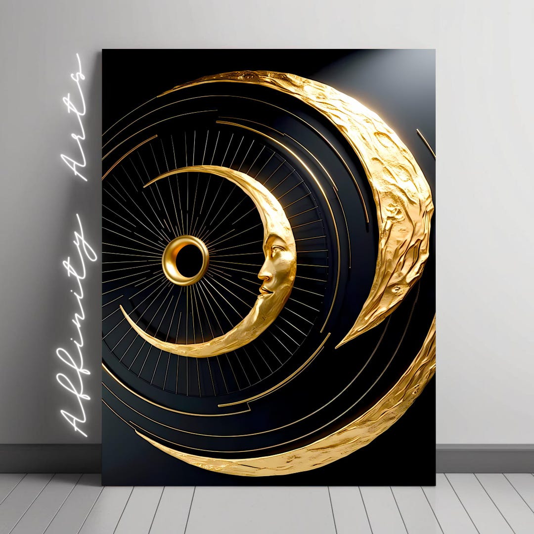 Gold Moon Face Digital Art - Celestial Wall Decor, Surreal Lunar Print ...