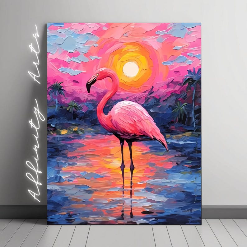 Flamingo Sunset Digital Art Print, Tropical Wall Decor, Colorful Sunset ...