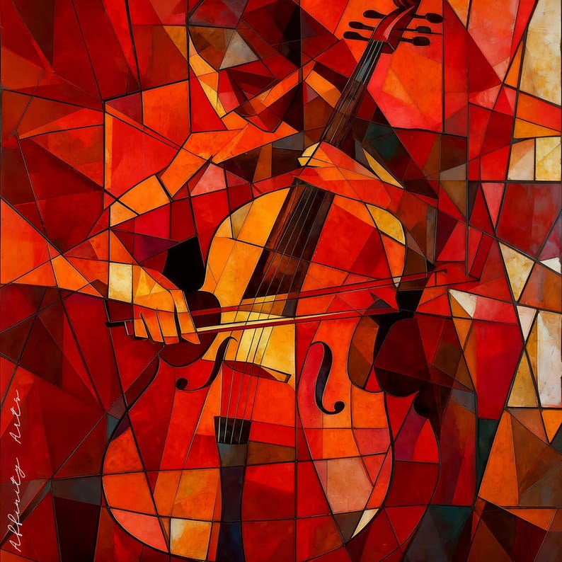 Cubism Cello Canvas Wall Art | Red Orange Abstract Music Painting ...