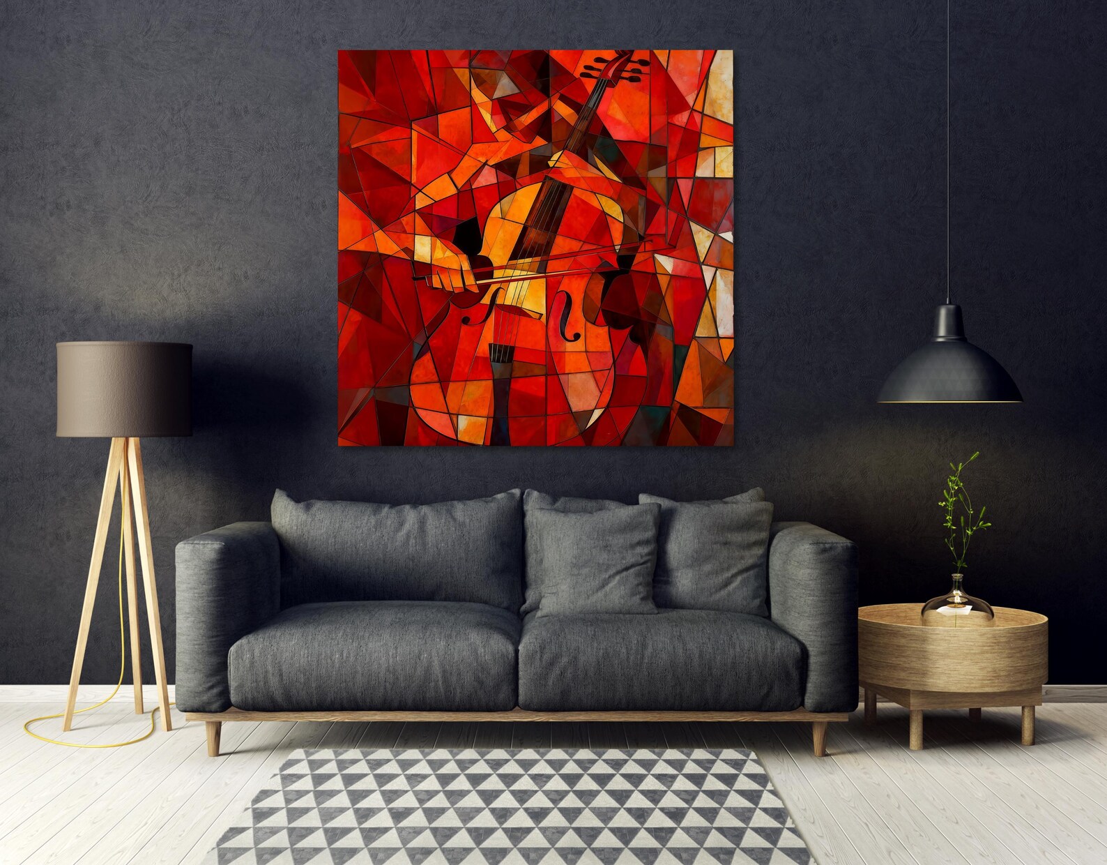 Cubism Cello Canvas Wall Art | Red Orange Abstract Music Painting ...