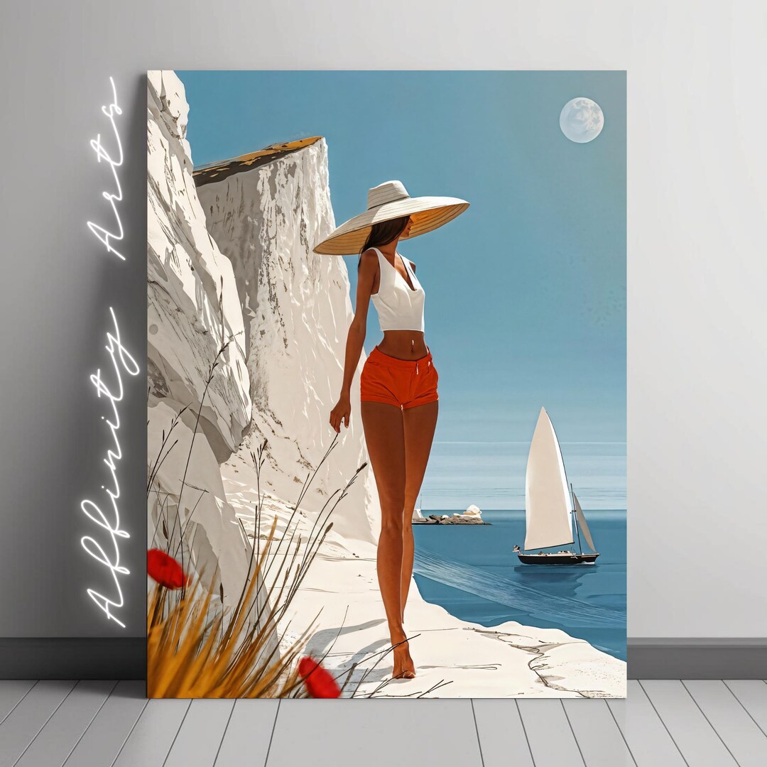 Coastal Woman Digital Art, Summer Beach Print, Modern Minimalist ...