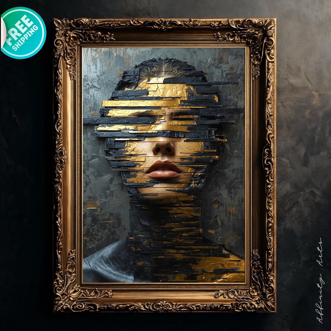 Gold & Black Abstract Face Art Print • Textured Portrait (digital ...