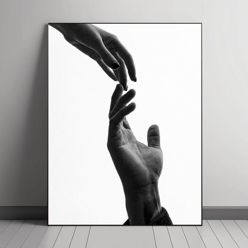 Reaching Hands - Black and White Minimalist Art Print, Emotional ...