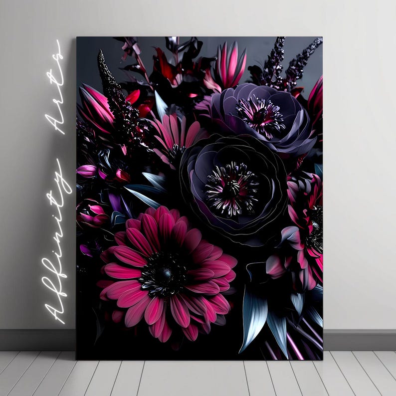 Dark Floral Wall Art, Gothic Flower Bouquet Print, Purple Burgundy ...
