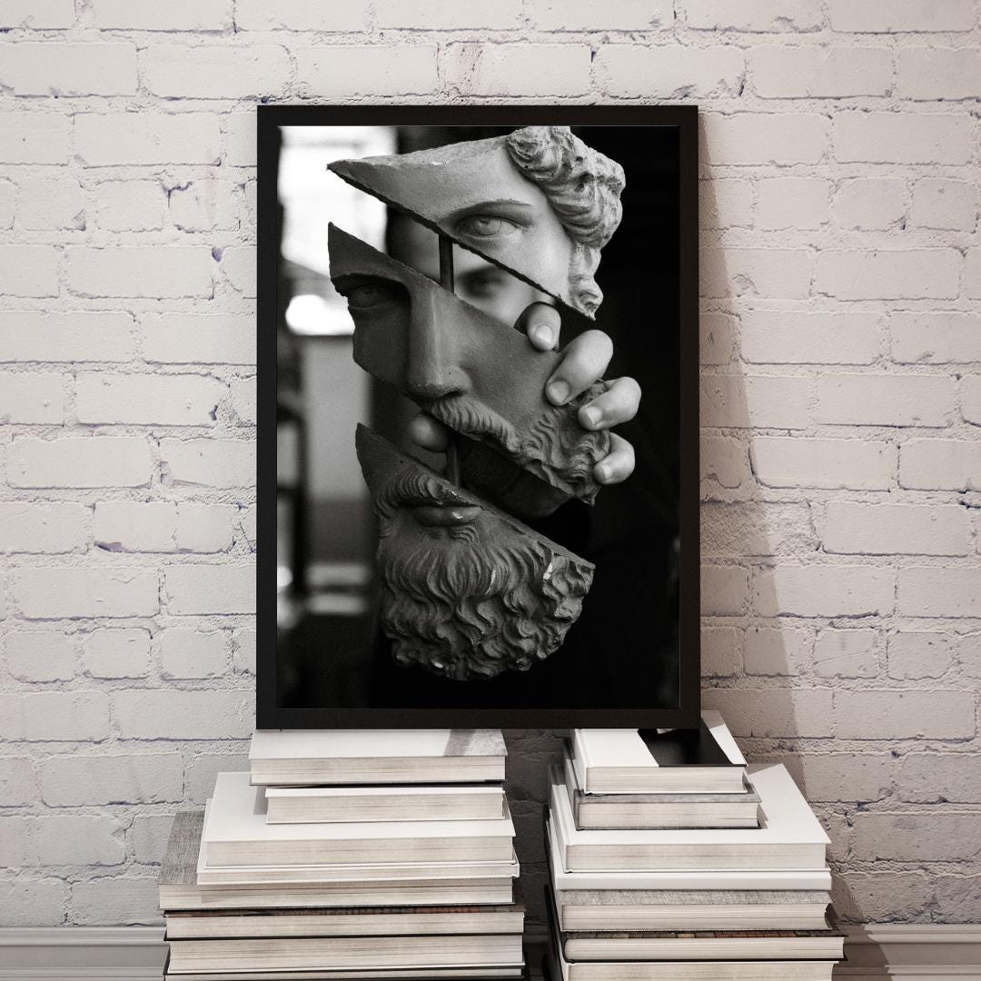 Fragmented Greek Statue Face Art Print, Surrealist Black & White ...