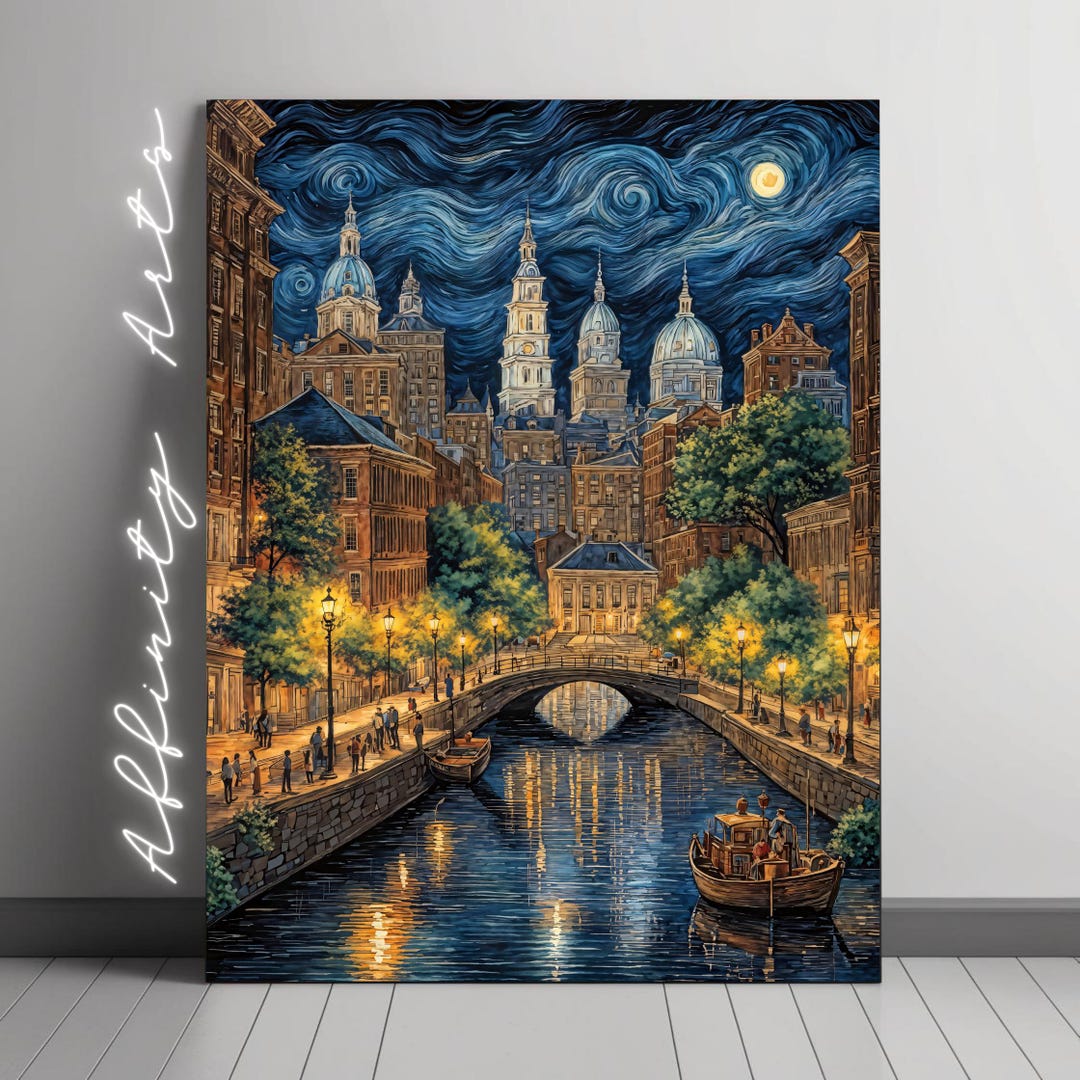 Starry Night Cityscape Digital Art – Van Gogh Inspired Canal Scene ...