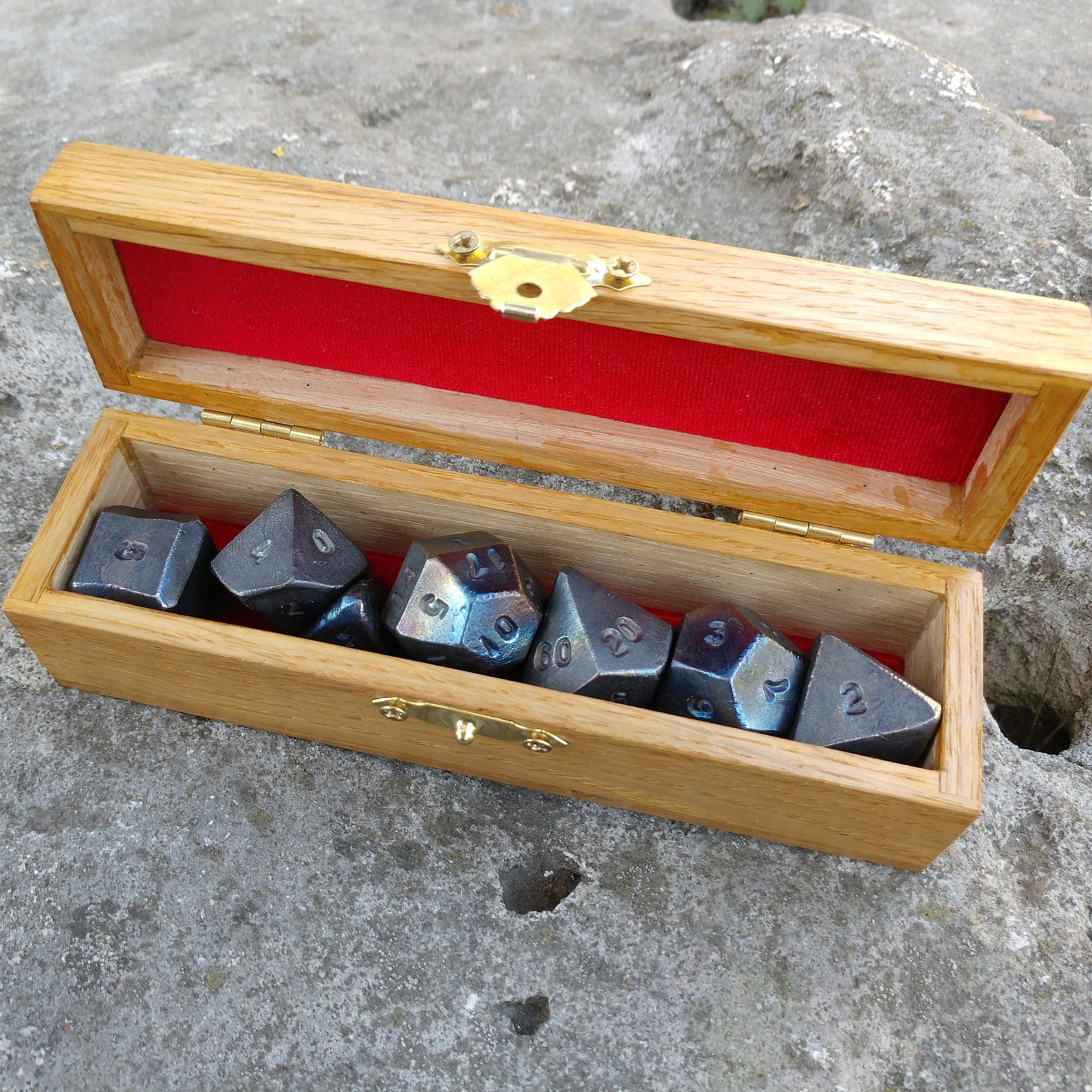 DnD dice gamesset of 7 dices in wooden box titanium dices | Etsy