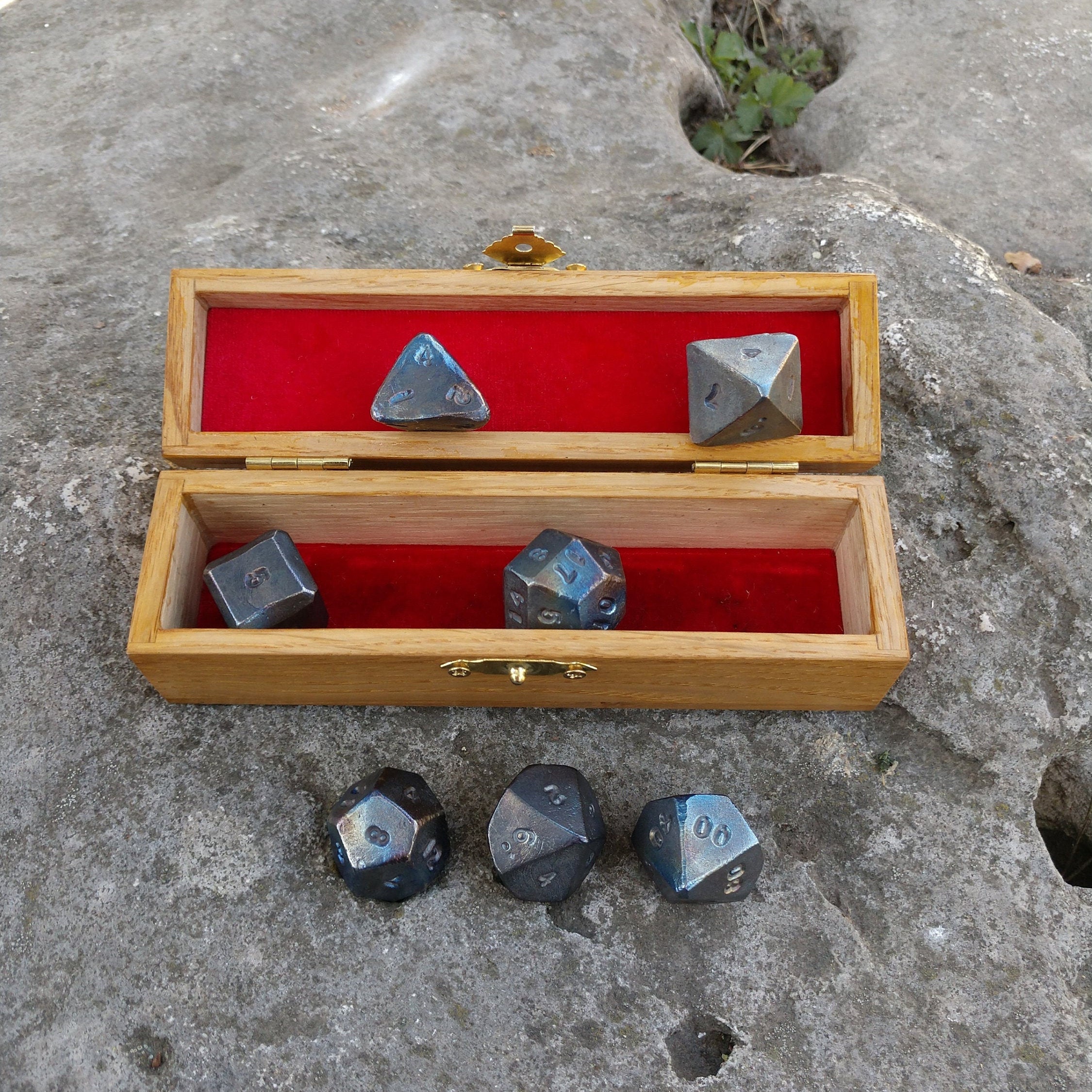 DnD dice gamesset of 7 dices in wooden box titanium dices | Etsy