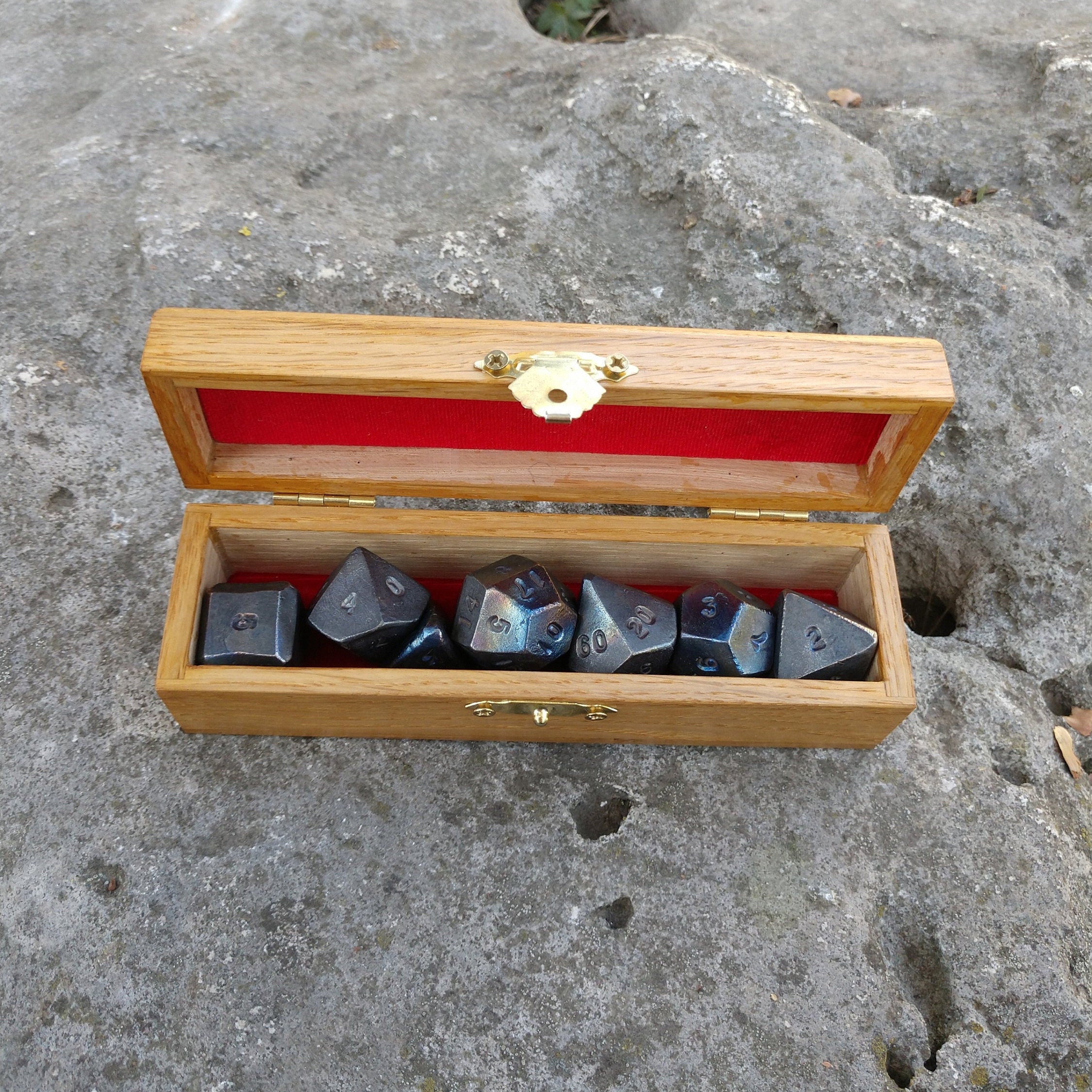 DnD dice gamesset of 7 dices in wooden box titanium dices | Etsy