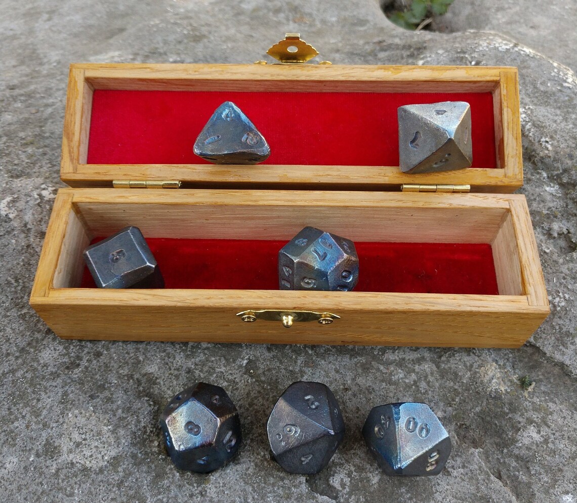 DnD dice gamesset of 7 dices in wooden box titanium dices | Etsy