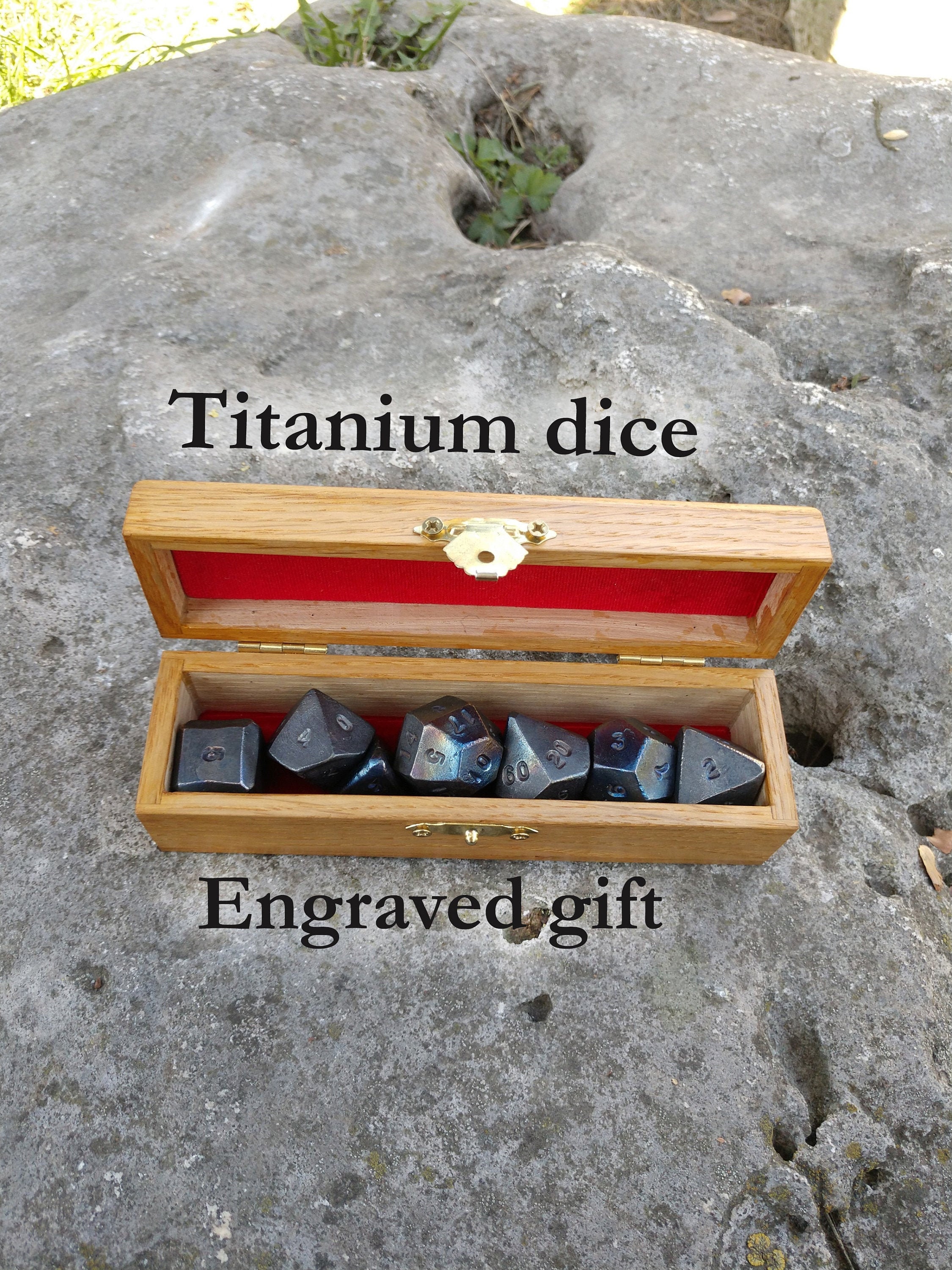 DnD dice gamesset of 7 dices in wooden box titanium dices | Etsy