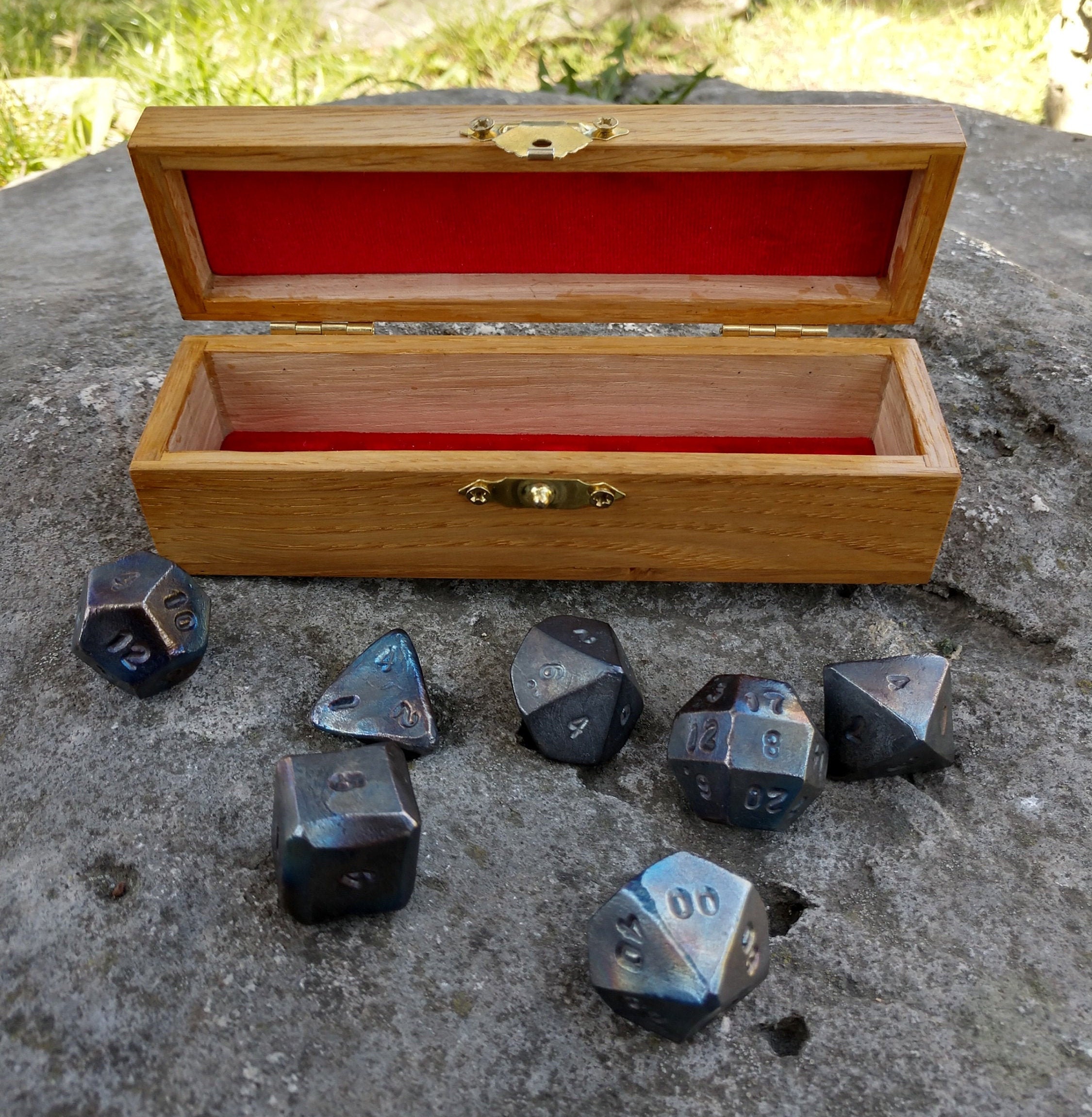 DnD dice gamesset of 7 dices in wooden box titanium dices | Etsy