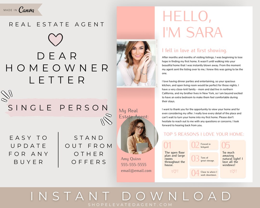 Beautiful Single Person Home Buyer Letter Template for Canva, Home Offer Letter, Real Estate ...
