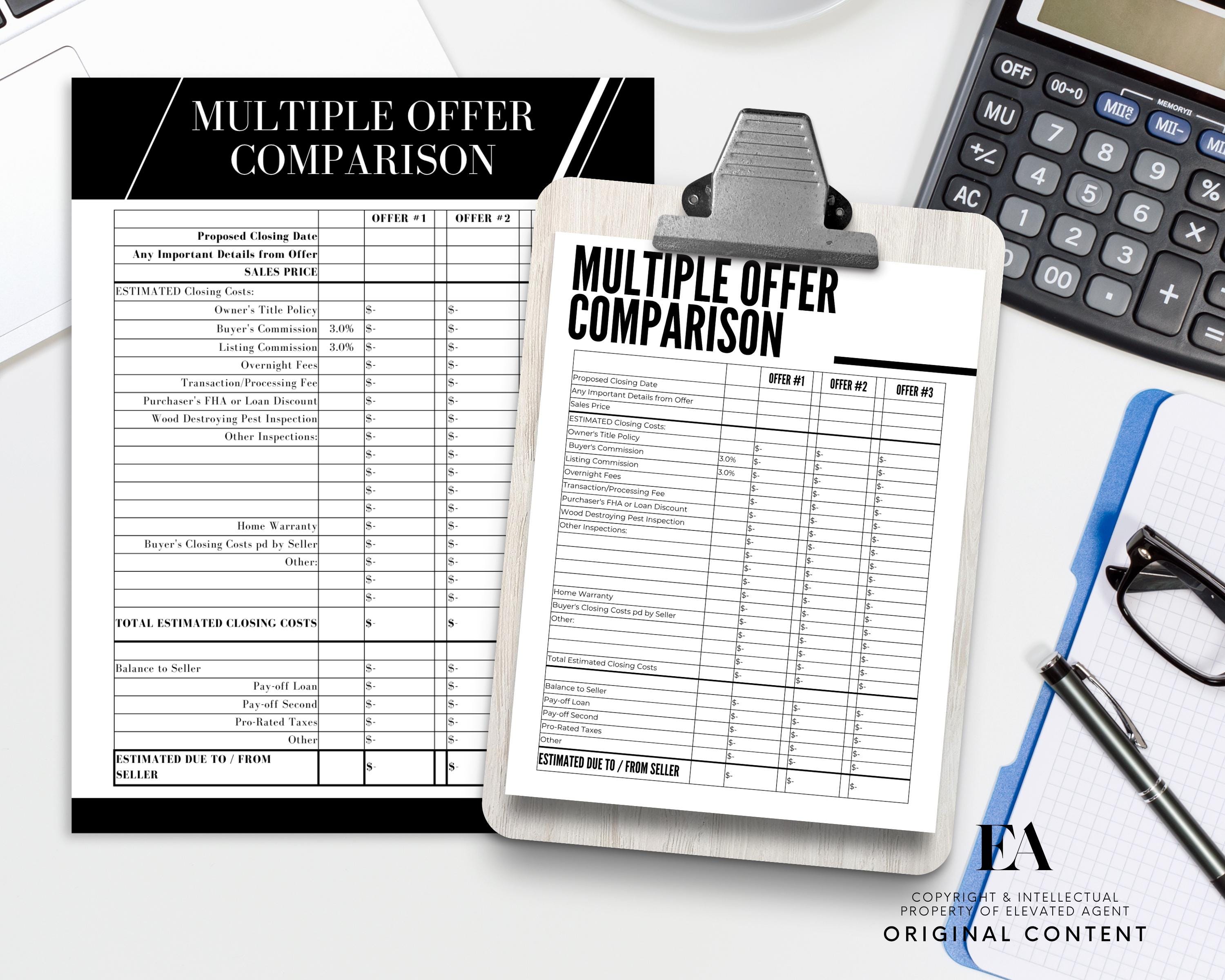 Multiple Offer Presentation, Offer Summary Cover Sheet, Real Estate ...