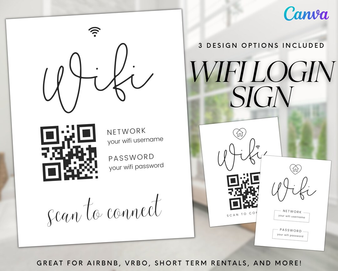 Editable QR Code Wifi Sign Template, Airbnb VRBO (canva) - Etsy