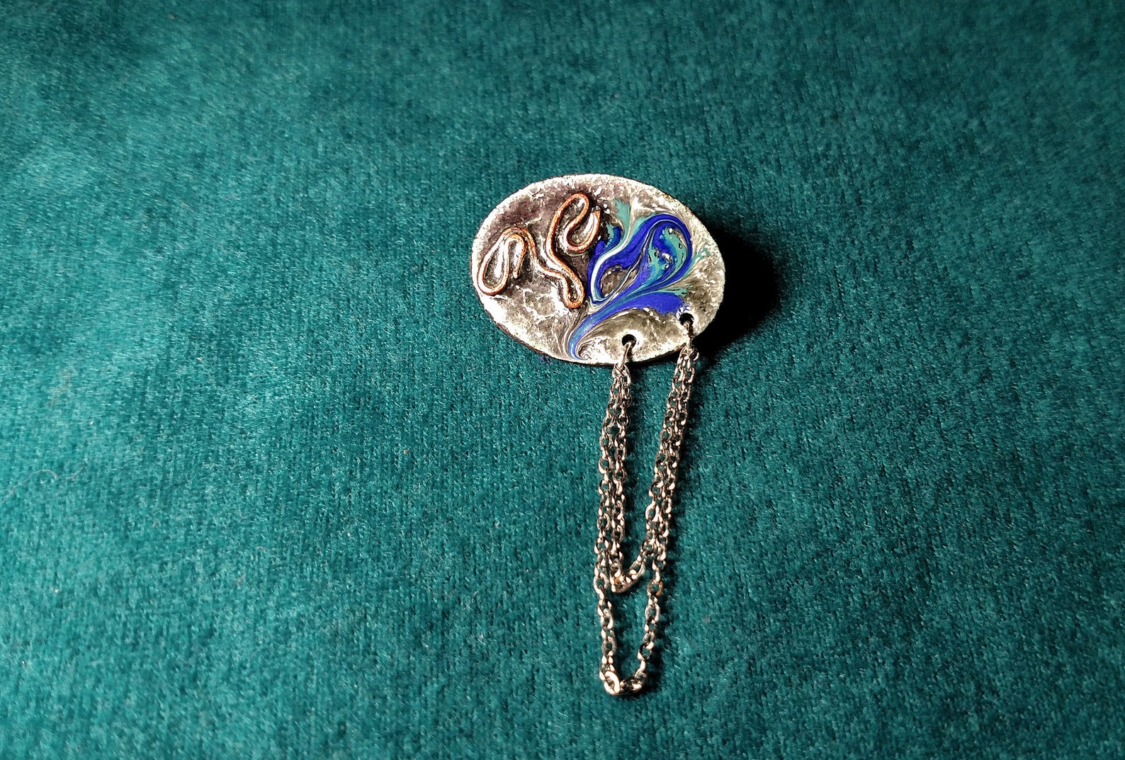 Copper Enamel Oval Pin With Chain Dangle Makes a Unique Artisan ...