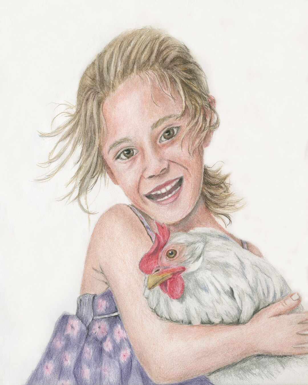 A Girl and Her Chicken Colored Pencil Drawing Original Wall Art Print ...